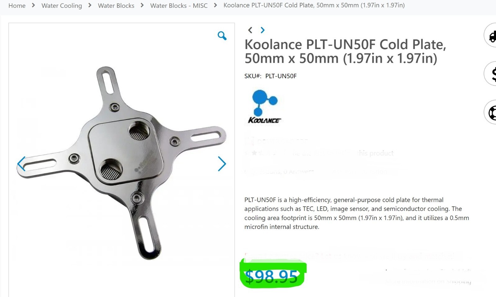 Koolance PLT-UN50F Cold Plate 50mm x 50mm (1.97in .97in) for sale ...