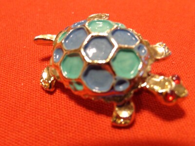 ANTIQUE ART DECO TURTLE PIN BROOCH BLUE & AQUA ENAMEL+ RED RHINESTONE ...
