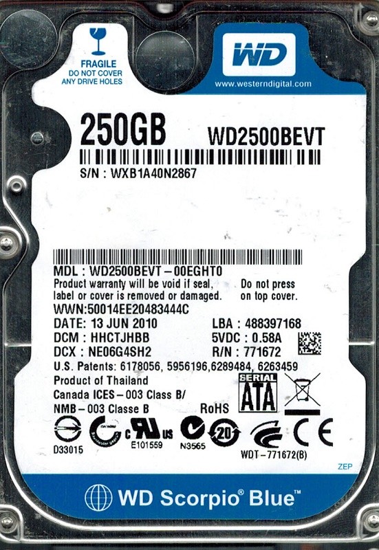 Western Digital WD2500BEVT-00EGHT0 DCM: HHCTJHBB 250GB | eBay