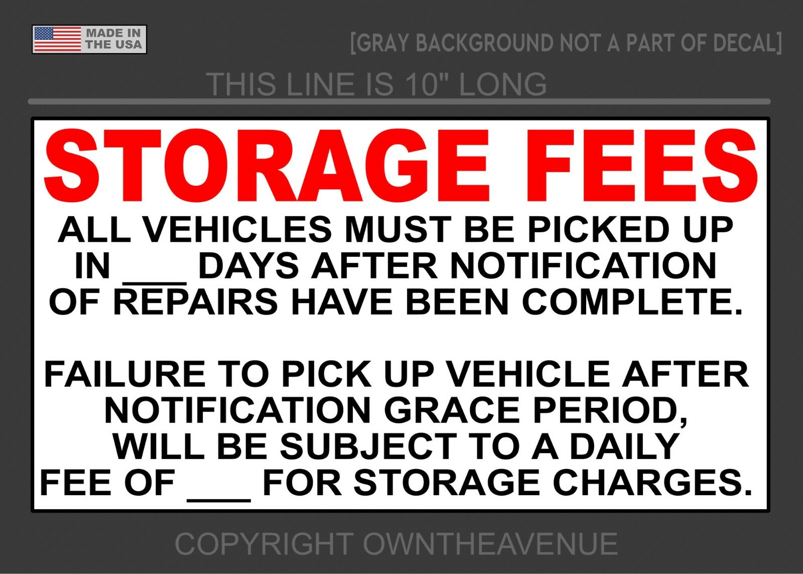 Custom Personalize Storage Fees Mechanic Shop Vinyl Decal Sticker Sign ...