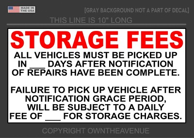 Custom Personalize Storage Fees Mechanic Shop Vinyl Decal Sticker Sign ...