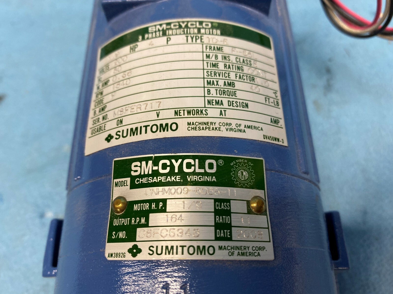 SM-CYCLO CNHM009-5065-11 MOTOR, 1/9 HP, 4P, 200V, FRAME F56L,RATIO 11:1 ...