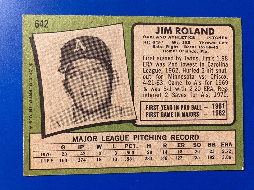 1971 topps baseball #642 Jim Roland Oakland A's NM | eBay