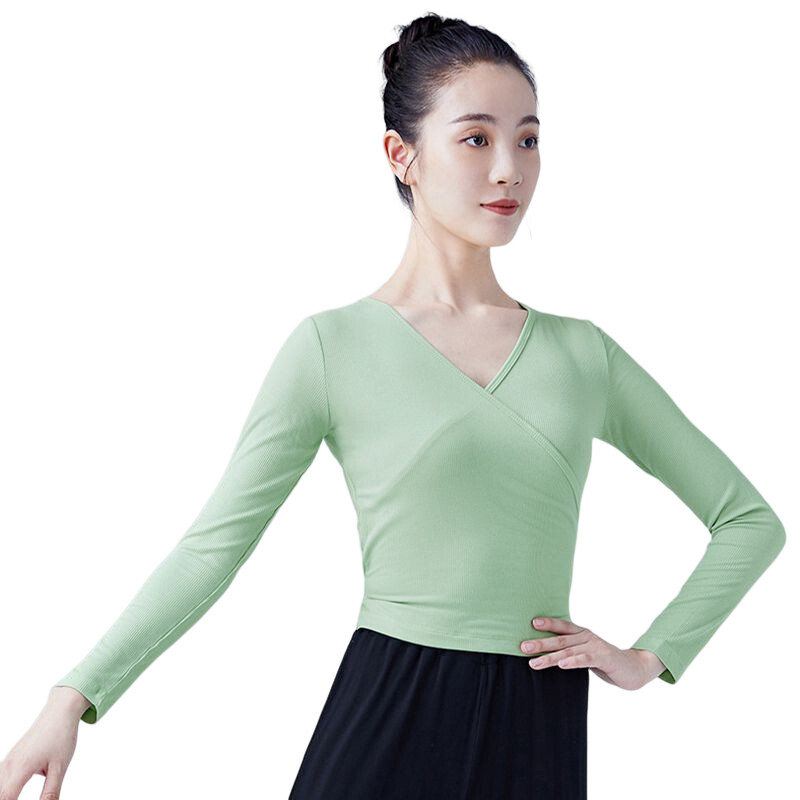 Womens Dance Ballet Tops Wrap Knitted V-Neck Long Sleeve Dance Shirt ...
