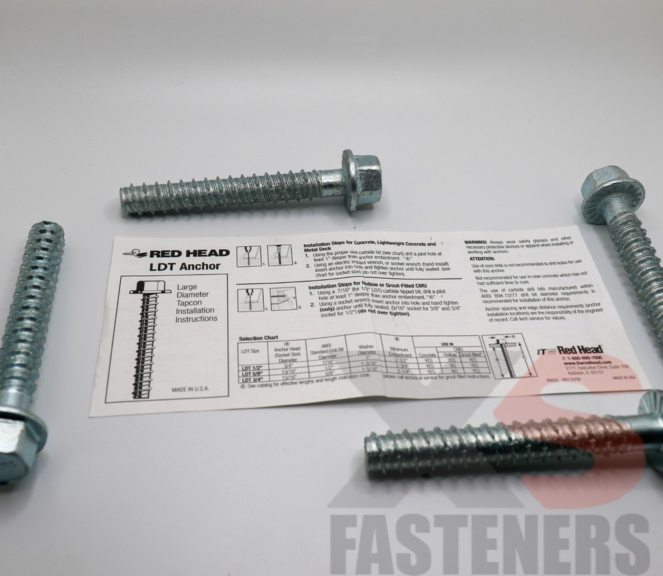Red Head 5/8" x 4" Large Hvy-Duty Hex Head Concrete Anchor Screws LDT ...
