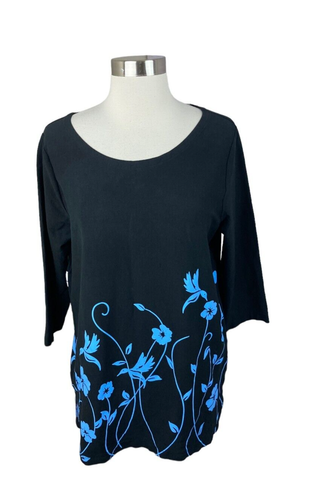 M. Mac Vermont Country Store Black Blue Bird Floral Knit Tunic Top Size ...