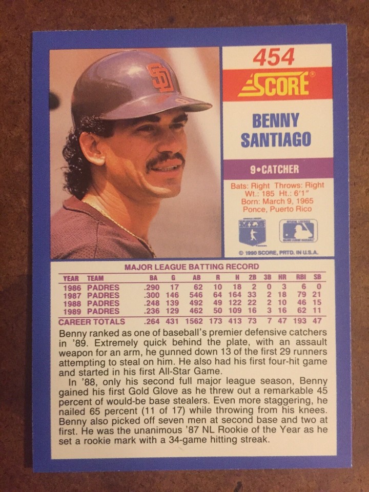 Benny Santiago 454 Score 1990 MLB Baseball Trading Card | eBay