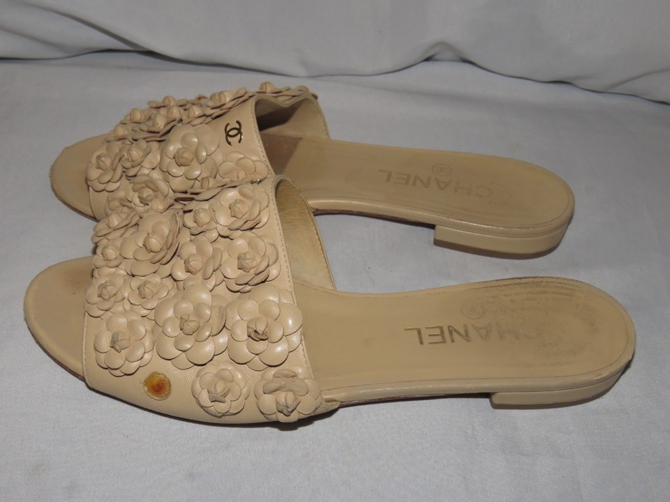 Chanel Tan Leather Rose Slide Sandals Size 38C | eBay