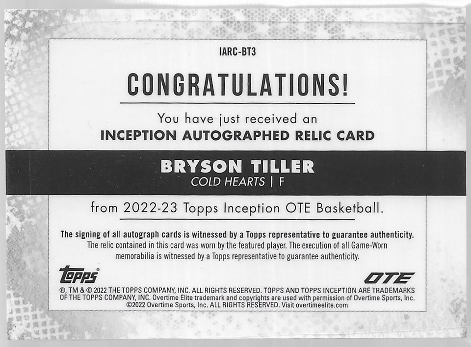 2022 Topps Inception OTE Bryson Tiller Orange Relic Autograph /10 City ...