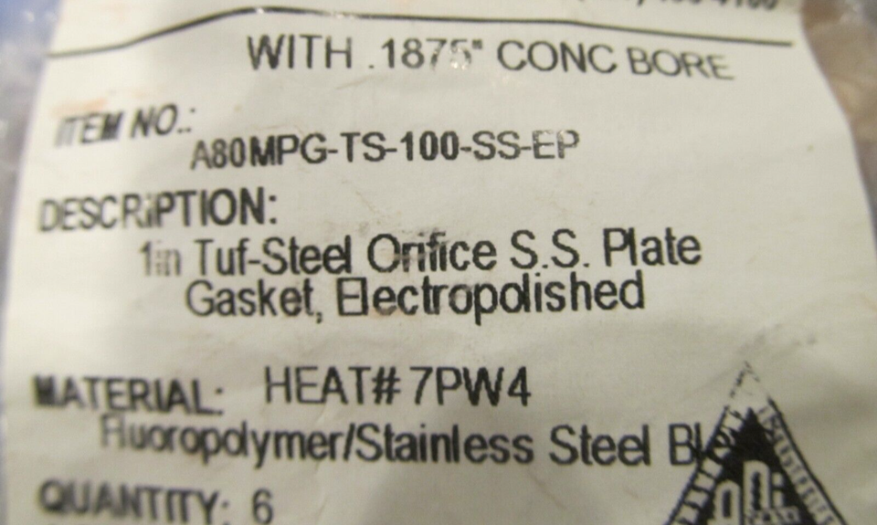 Sanitary Orifice Plate 1"TC w/.1875" Conc Hole, Electro Polished, Tuf ...