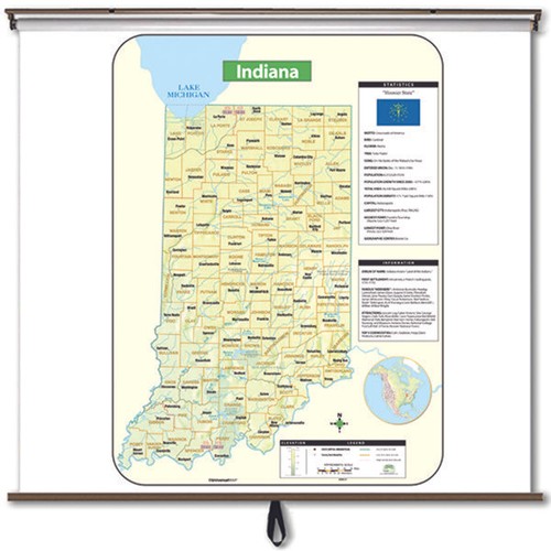 Indiana Large Scale Shaded Relief Wall Map on Roller with Backboard | eBay