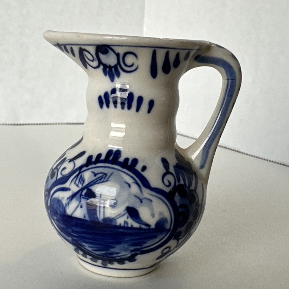 Delft Blue White Windmill Floral Pitchers Vase Holland Hand Painted lot ...