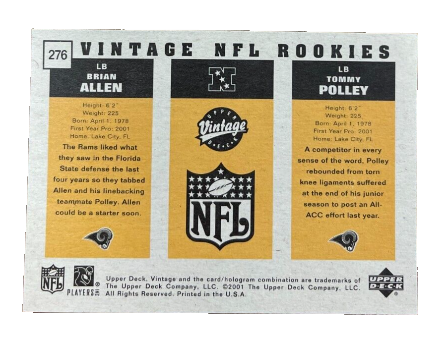 2001 UPPER DECK VINTAGE ROOKIES CARD # 276 Brian Allen - Tommy Polley ...