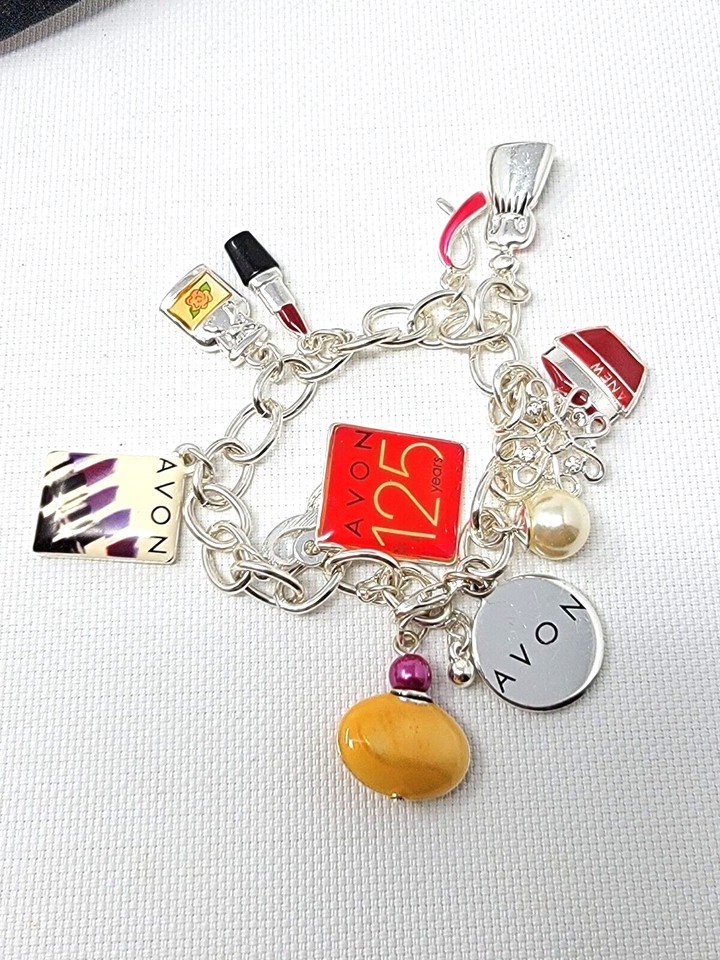 AVON Charm Bracelet~ 125th Anniversary ~ Silvertone ~ 8.5" ~ 12 Charms ...