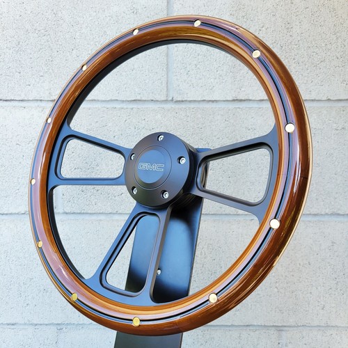 14" Black Billet Steering Wheel Real Mahogany Wood Brass Rivets GMC ...