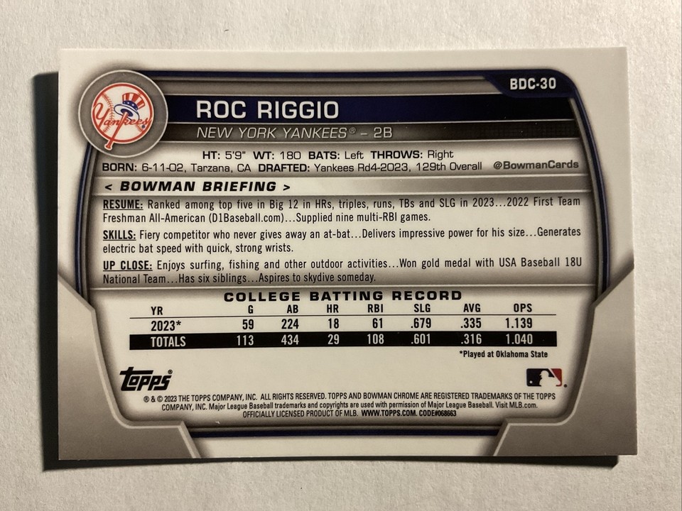 2023 Bowman Chrome Draft ROC RIGGIO 1st Bowman Card RC New York YANKEES ...