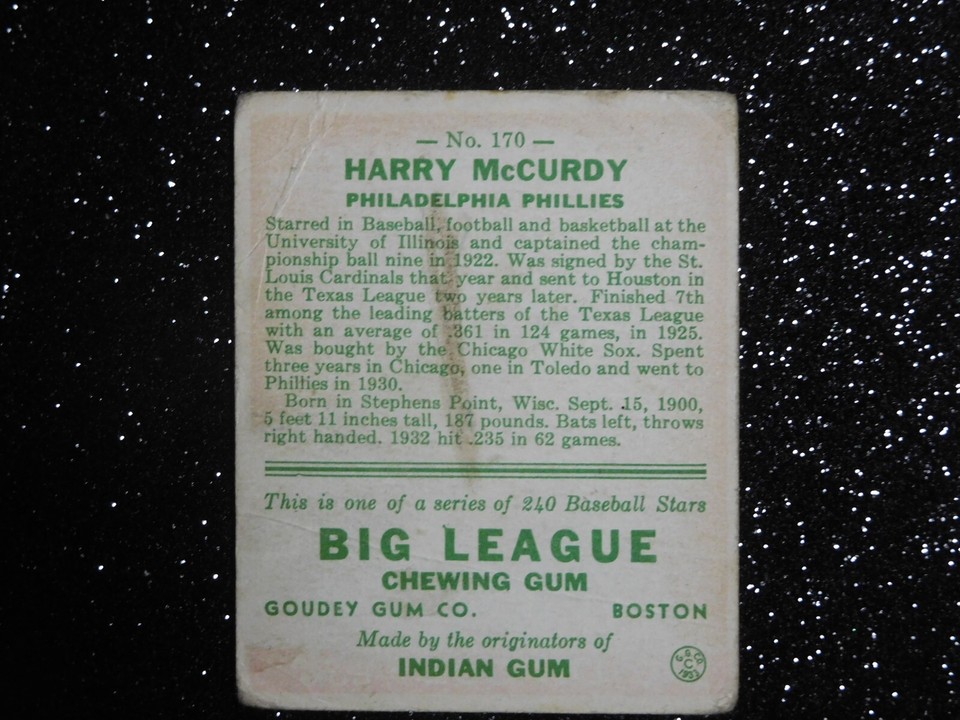 HARRY McCURDY PHILADELPHIA PHILLIES 1933 GOUDEY "BIG LEAGUE CHEW" CARD ...