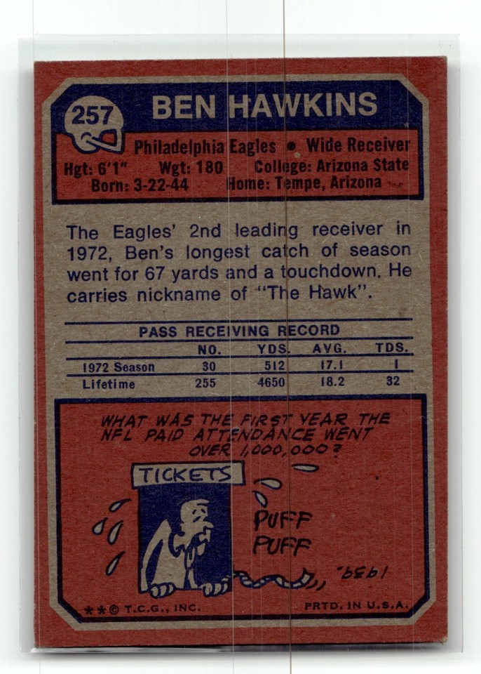 1973 Topps - Ben Hawkins #257 FOOTBALL NFL | eBay