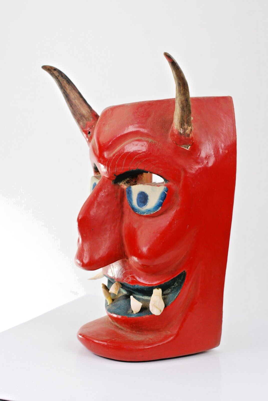 Vintage Hand Carved Wood Red Devil With Horns Animal Teeth Mask Folk ...
