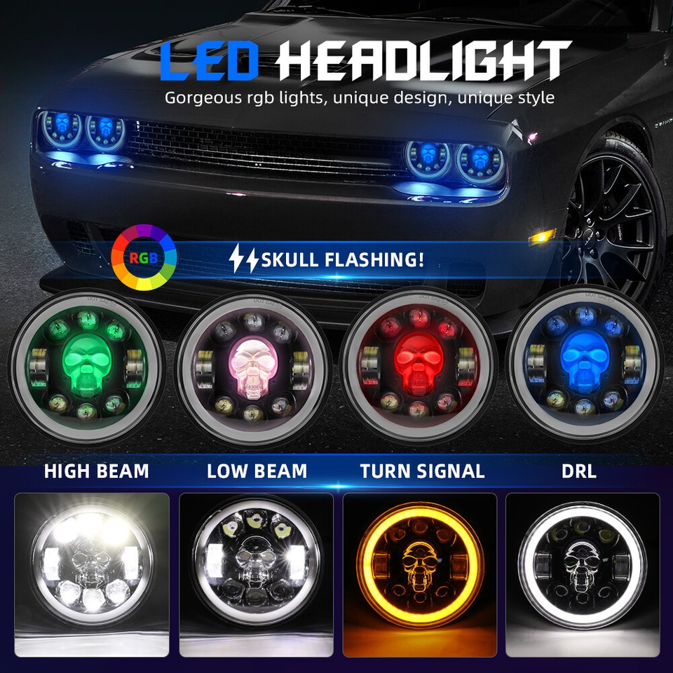 RGB Skull 5-3/4" 5.75 LED Headlight Hi-lo Beam Halo DRL for Motorcycle ...