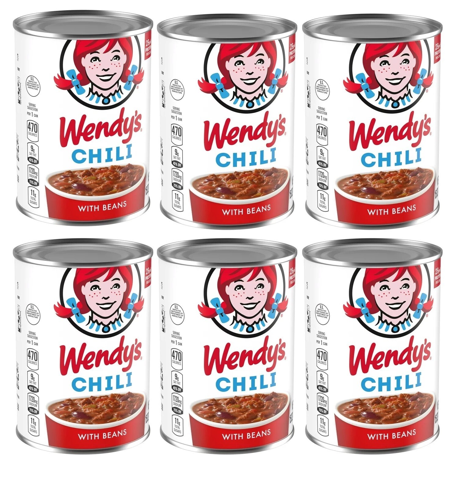 6 Pack Wendy's Chili With Beans Spiced Beef 29 gr of Protein Size 15 oz ...
