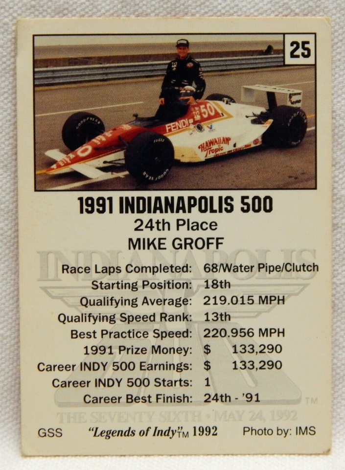 INDIANAPOLIS 500 LEGENDS OF INDY TRADING CARD 1992 (A) | eBay
