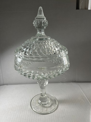 Vintage Indiana Glass Diamond Point Pedestal Candy Dish Compote W/Lid ...