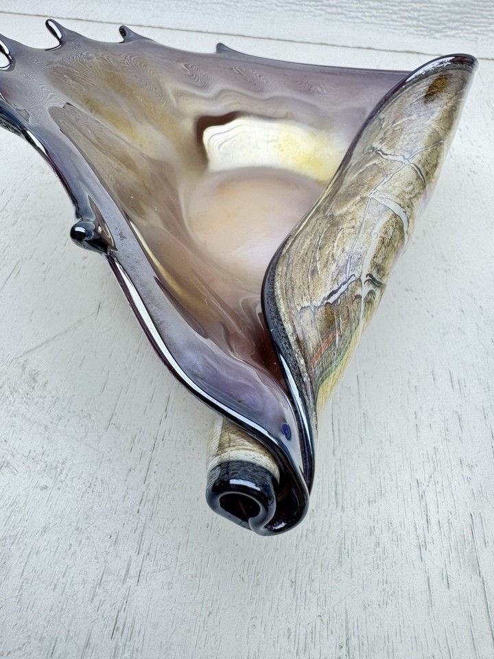 Vintage Krosno Jozefina Iridescent Art Glass Conch Shell Bowl Poland ...