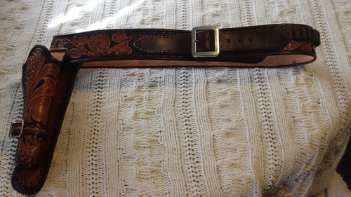 Handmade Western Gun Belt with Ammo Loops and Holster Brown Floral .357 ...