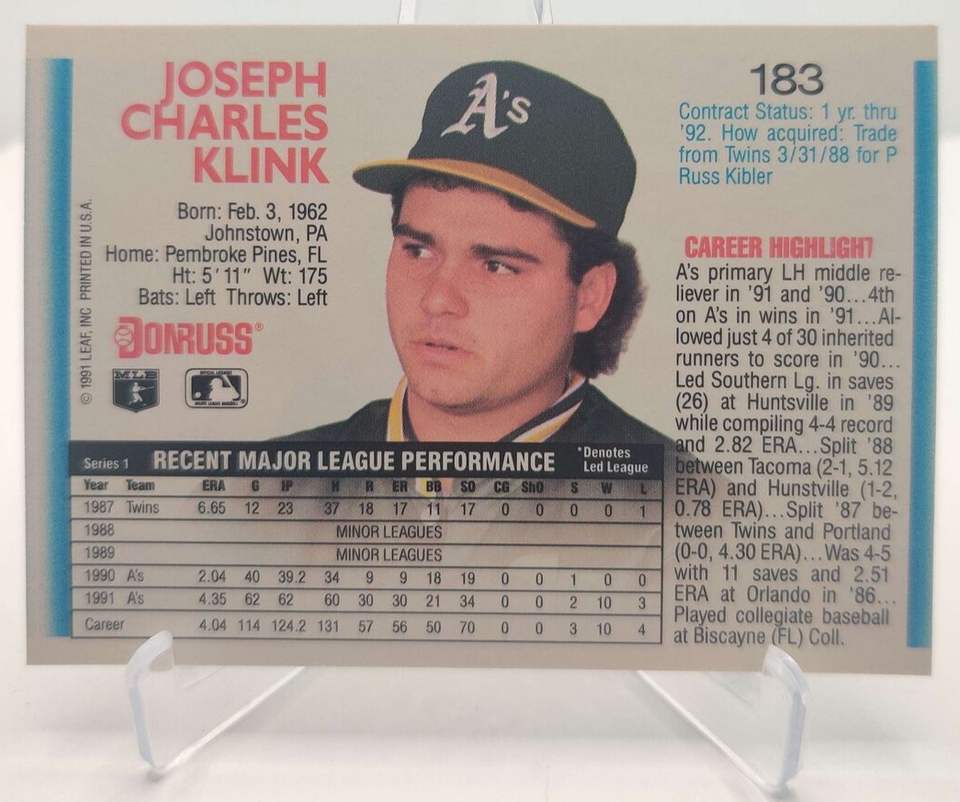 1992 Donruss #183 Joe Klink Oakland Athletics Baseball Card | eBay