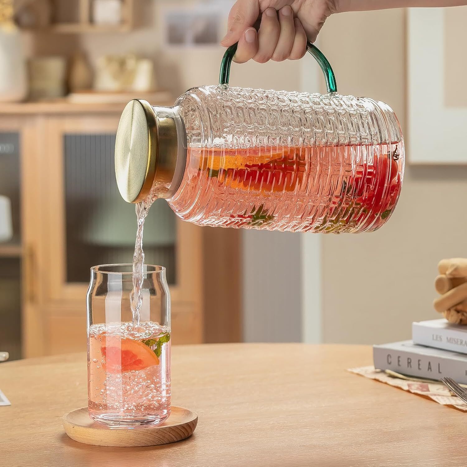 Glass Pitcher with Lid, 2 PACK 68 oz/2L Liter Vintage Water Pitcher ...