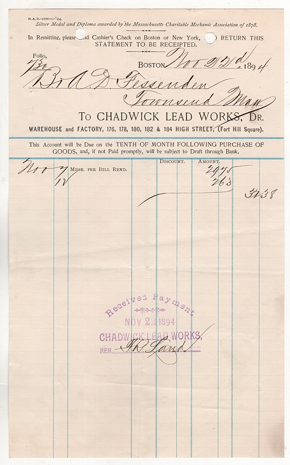 1894 CHADWICK LEAD WORK BILLHEAD HIGH ST BOSTON MA FESSENDEN | eBay