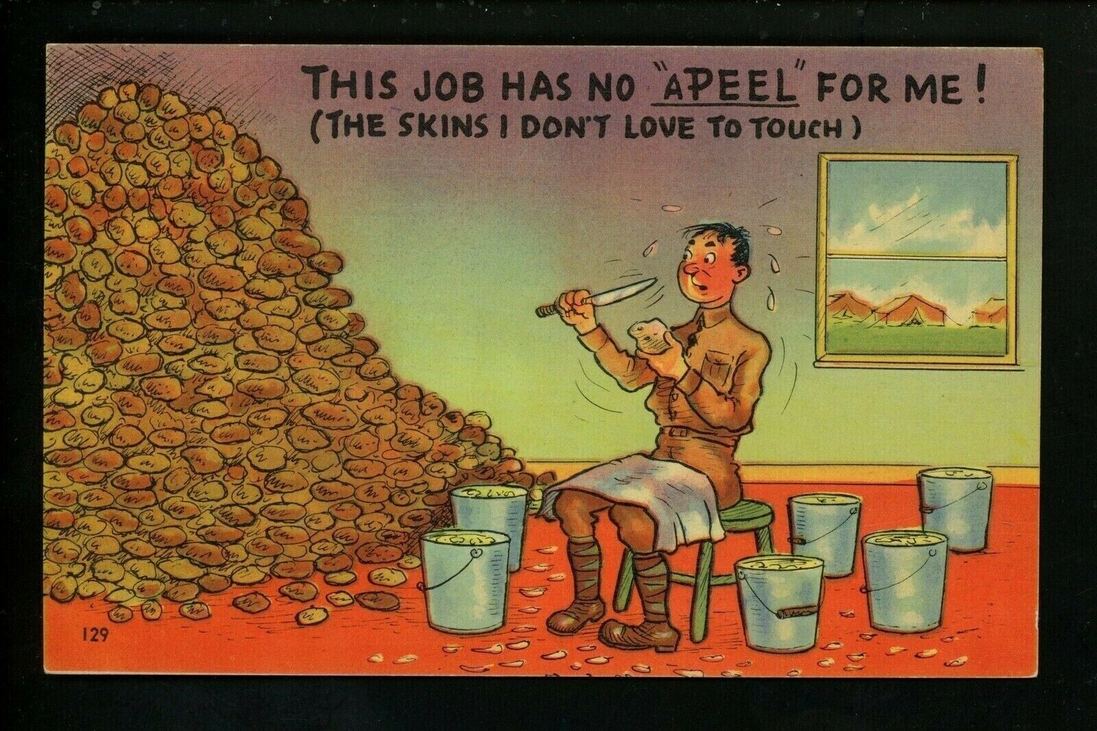 Military Comic Vintage linen postcard soldier peeling potato ...