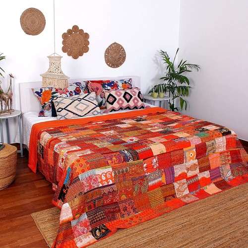Vintage Patchwork Kantha Bedspread indian handmade Quilt Throw Silk ...