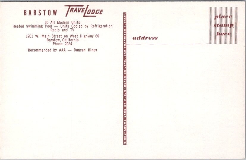 BARSTOW, California Postcard TRAVELODGE MOTEL Highway ROUTE 66 Roadside ...