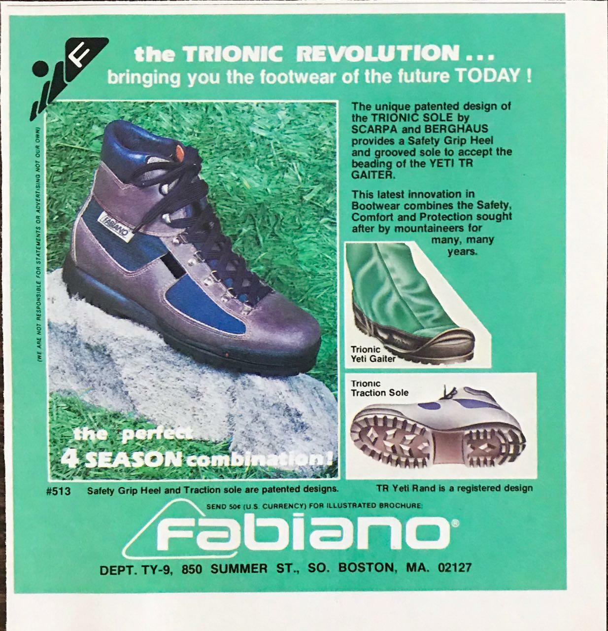 1986 Fabiano Boston Print Ad Trionic Sole Scarpa Berghaus Yeti Gaiter ...