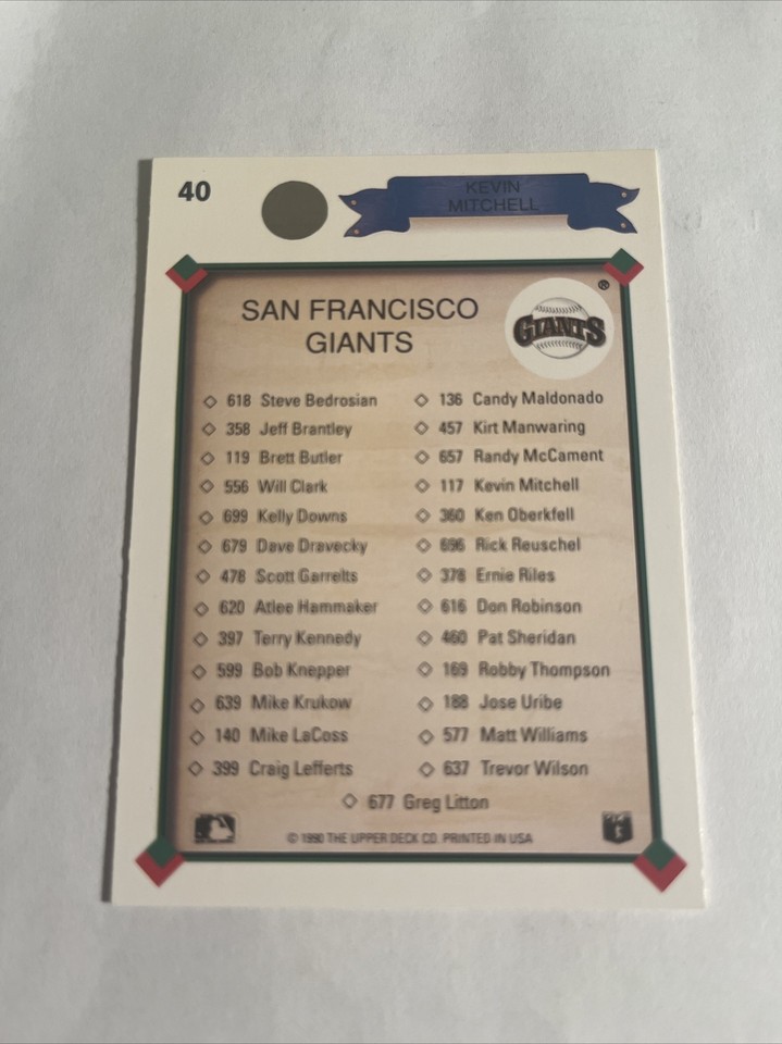 1990 Upper Deck Kevin Mitchell #40 San Francisco Giants Checklist | eBay
