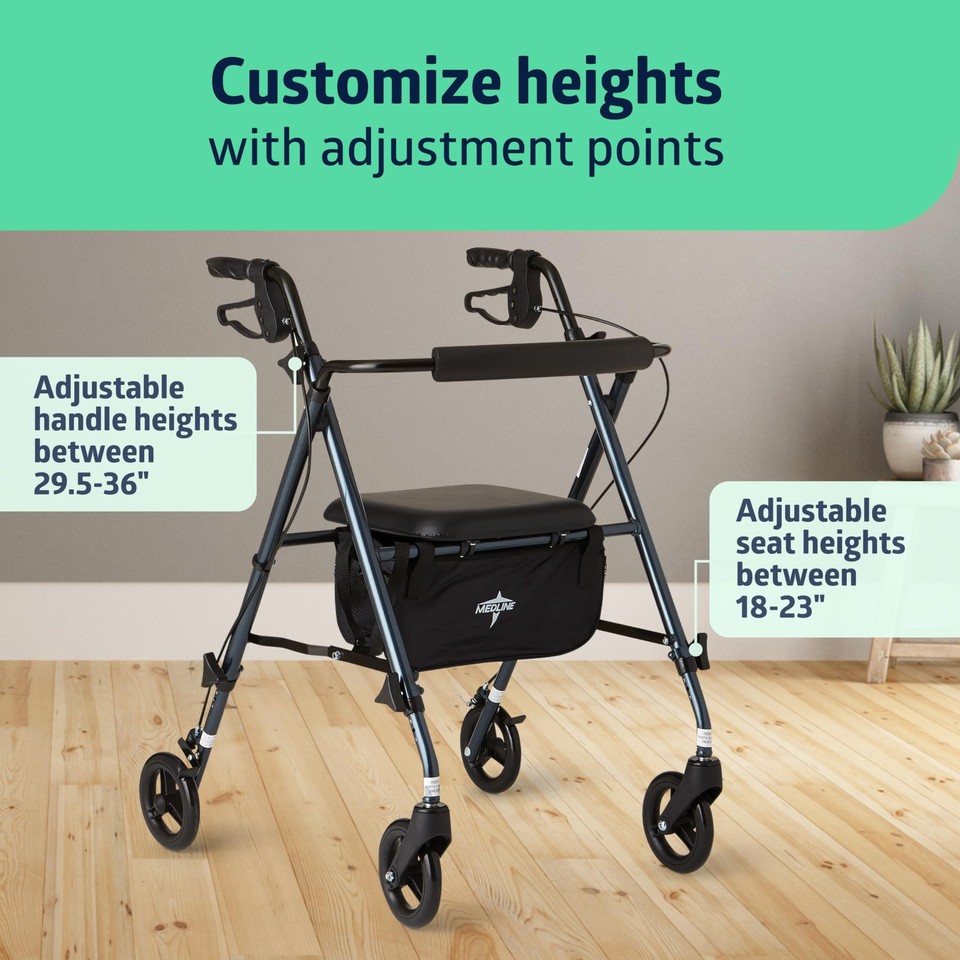 Medline Smoky Blue Superlight Folding Aluminum Mobility Rollator Walker ...