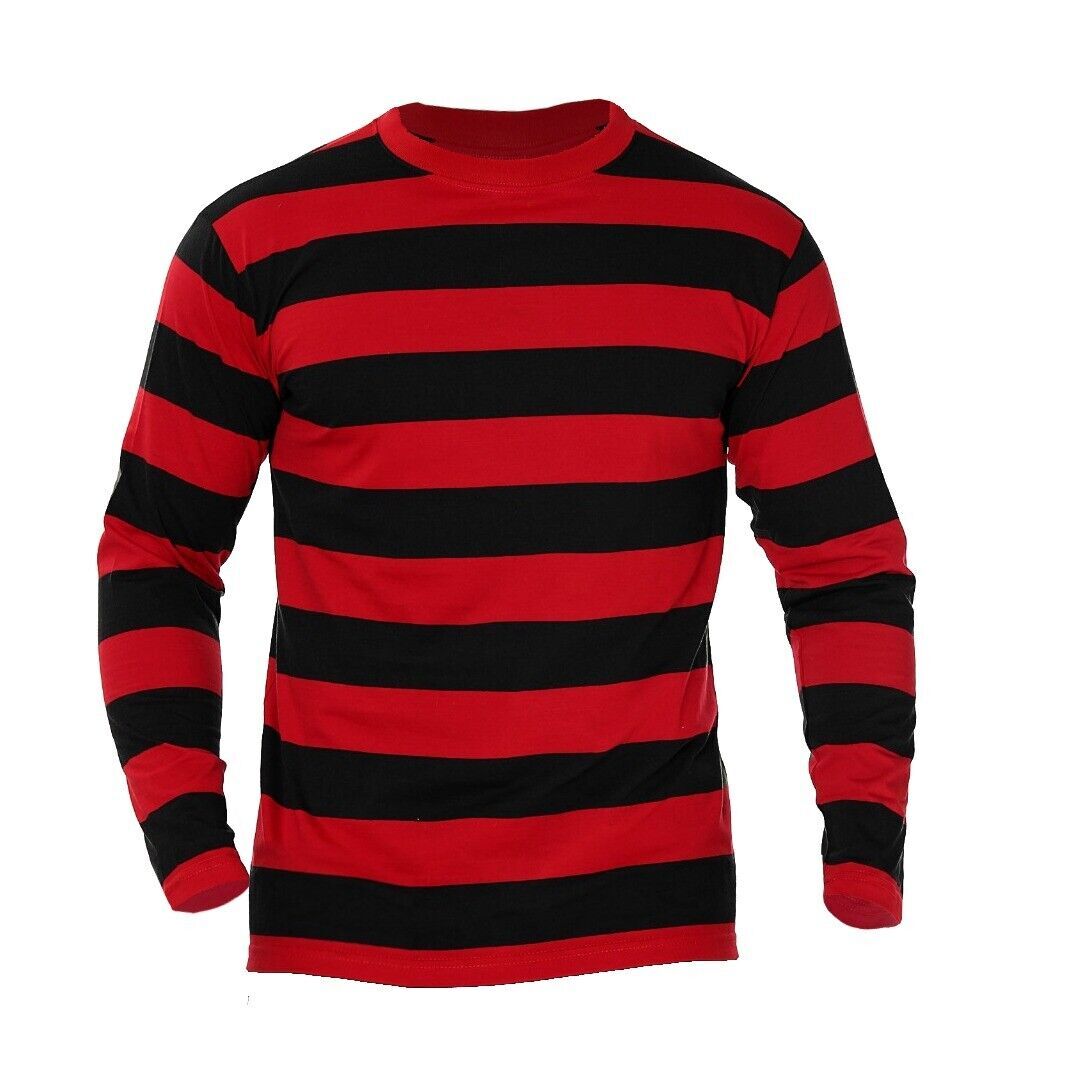 UNISEX RED BLACK STRIPE COTTON T-SHIRT DENIS TOP CREW NECK FANCY DRESS ...