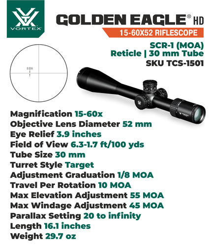Vortex Optics Golden Eagle HD 15-60x52 SCR-1 MOA SFP Riflescope TCS ...
