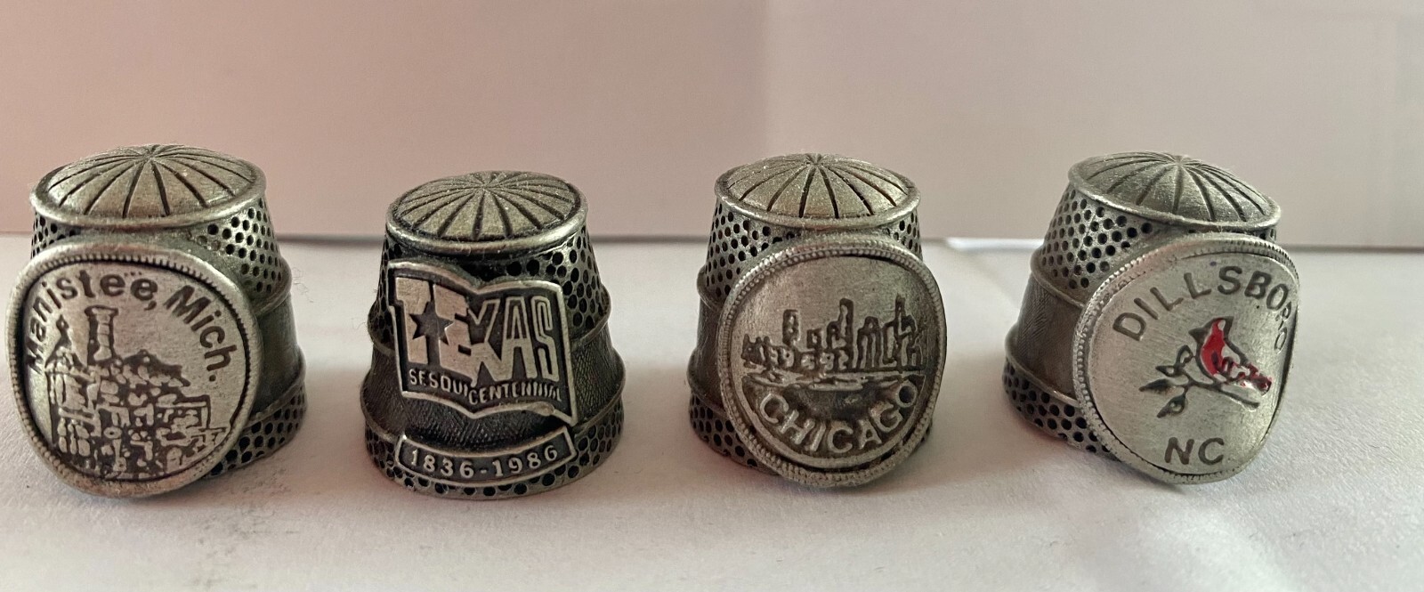 Pewter Vintage Souvenir Thimbles Lot with 4 items. Chicago, Texas, NC ...