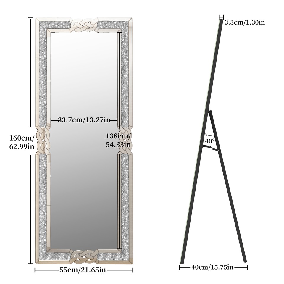 Large Crushed Diamond Wall Mirror Diamante Gems Crystal Sparkly Silver ...