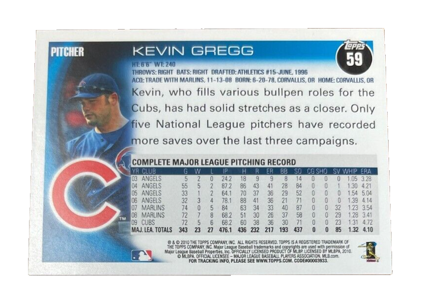 2010 TOPPS CARD #59 Kevin Gregg - Chicago Cubs | eBay