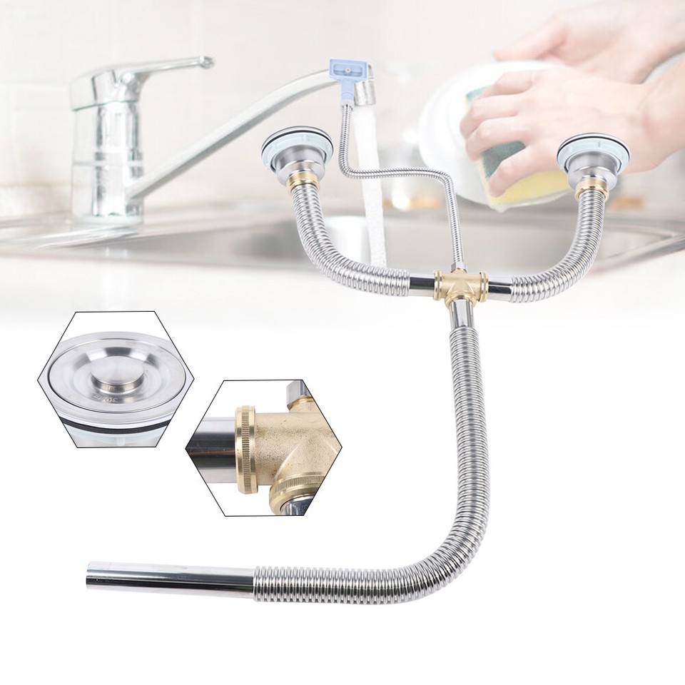 Kitchen Drain Kit Double Bowl Sink Pipe Fitting Plumbing Replacement ...