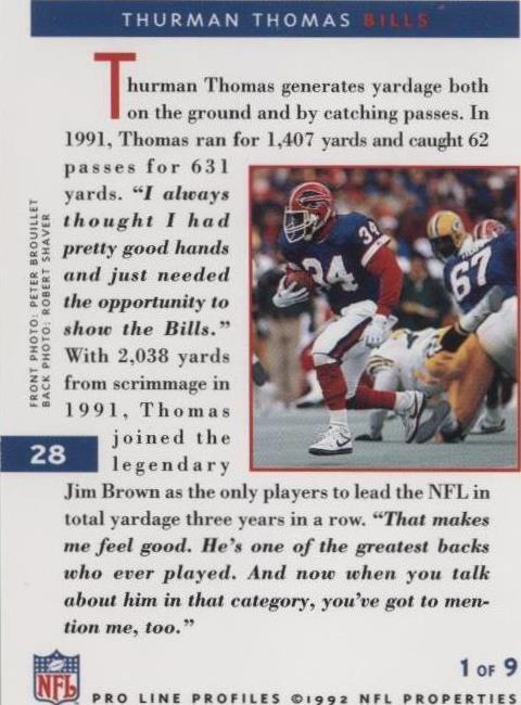 1992 Pro Line Profiles Thurman Thomas #28 for sale | eBay