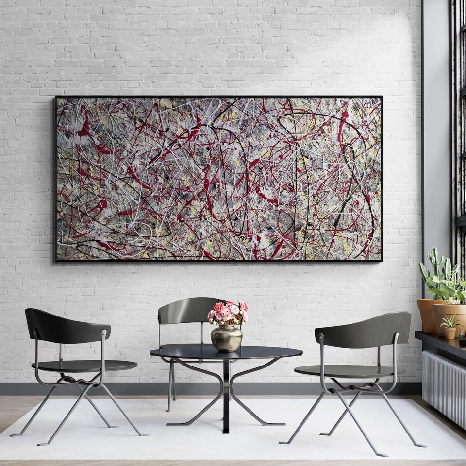 XXL Jackson Pollock Style Abstract Painting - Red, Gray & Yellow ...