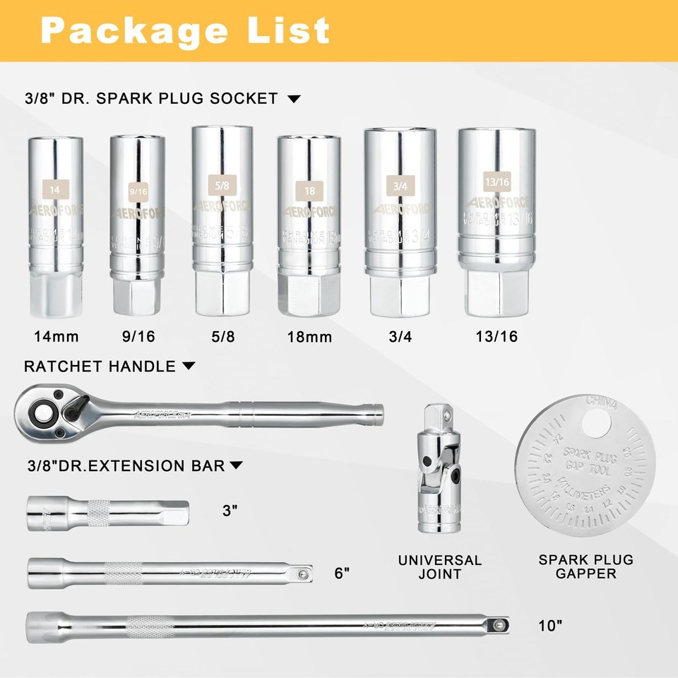 AEROFORCE 12PCS 3/8" Drive Spark Plug Socket Set with Ratchet Handle ...