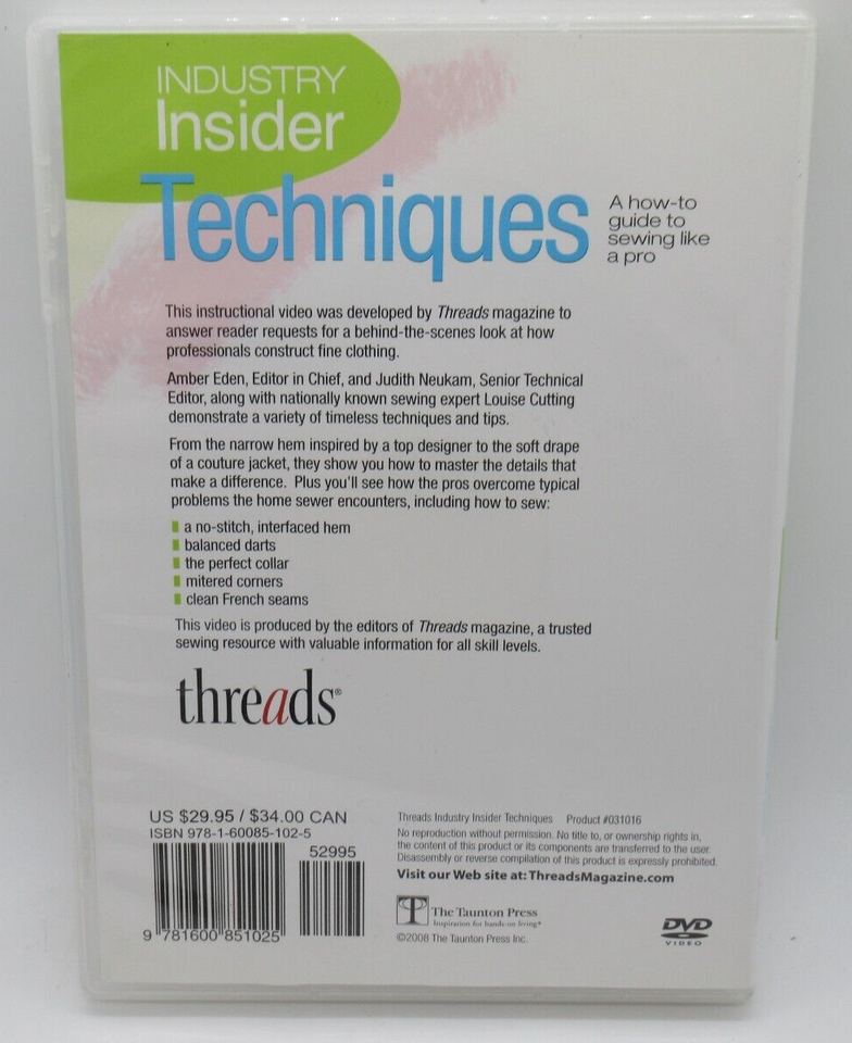 THREADS - INDUSTRY INSIDER TECHNIQUES DVD, HOW-TO SEW LIKE PRO, LOUISE ...