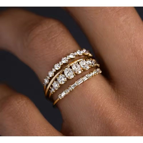 Elegant Triple Band Cubic Zirconia Ring Stack Gold Wedding Band Set ...