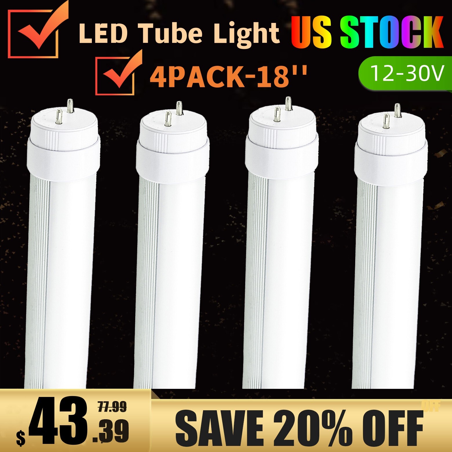 4-Pack of WYZM LED Light Tube,7W 12V 18''F15T8,5500K Daylight White ...